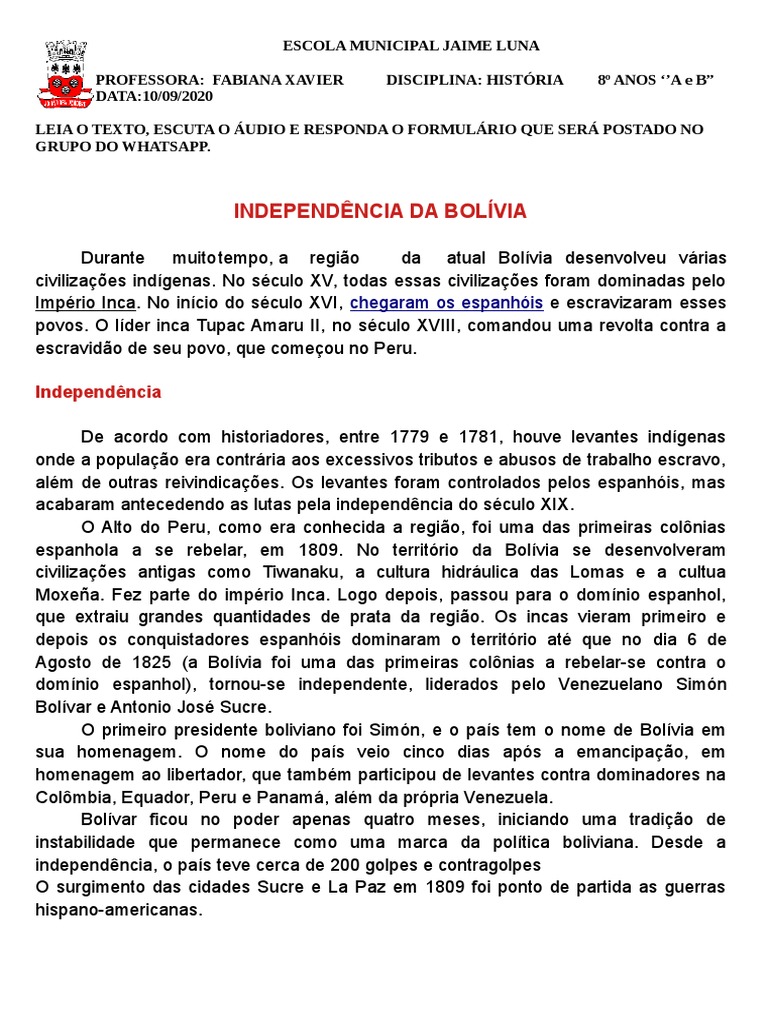 8 Ano Independencia Da Bolivia | Download grátis PDF | Bolívia | Peru