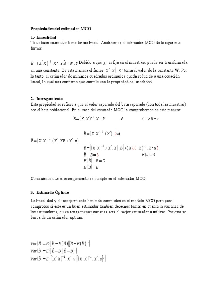 Propiedades Del Estimador MCO | PDF | Mínimos cuadrados ordinarios | Estimador