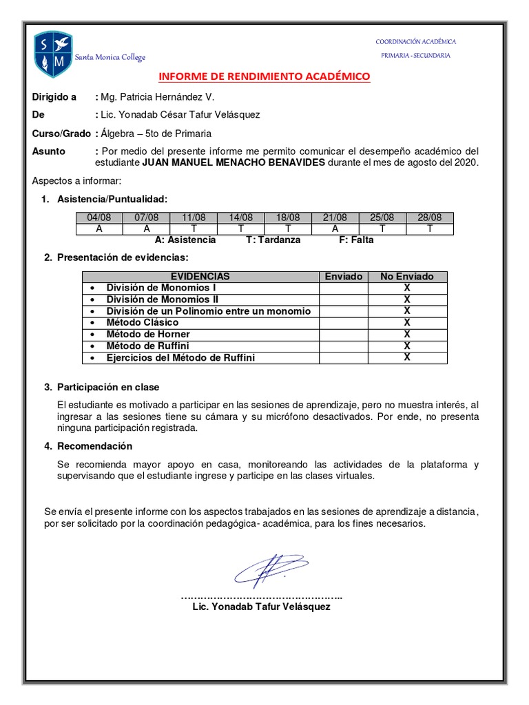 INFORME DE RENDIMIENTO ACADÉMICO de Alumnos | PDF | Álgebra | Aprendizaje