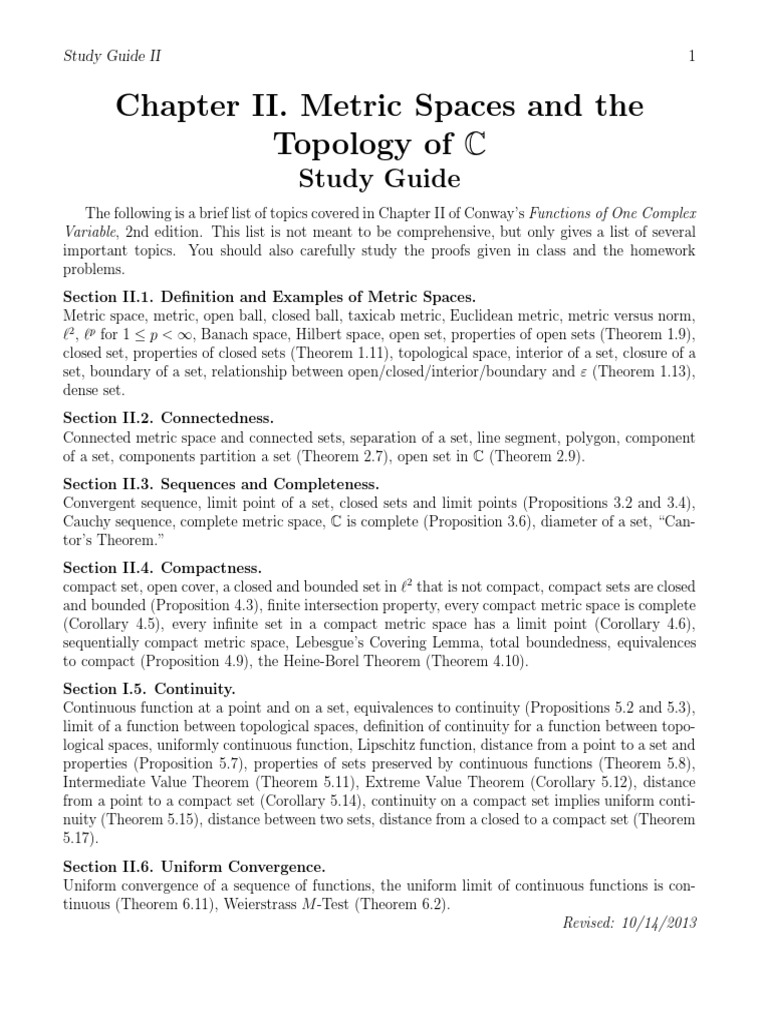 Chapter II. Metric Spaces and The Topology of C: Study Guide | PDF | Metric Space | Continuous ...