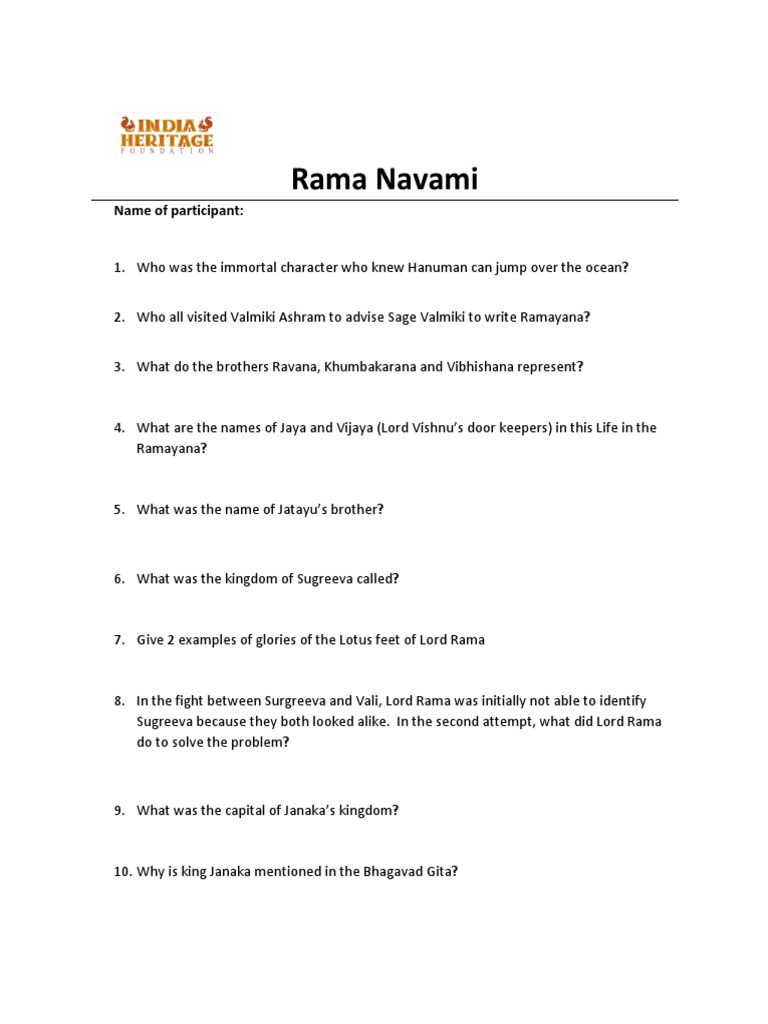 Rama Navami Quiz: Key Ramayana Insights | PDF | History | Religion ...