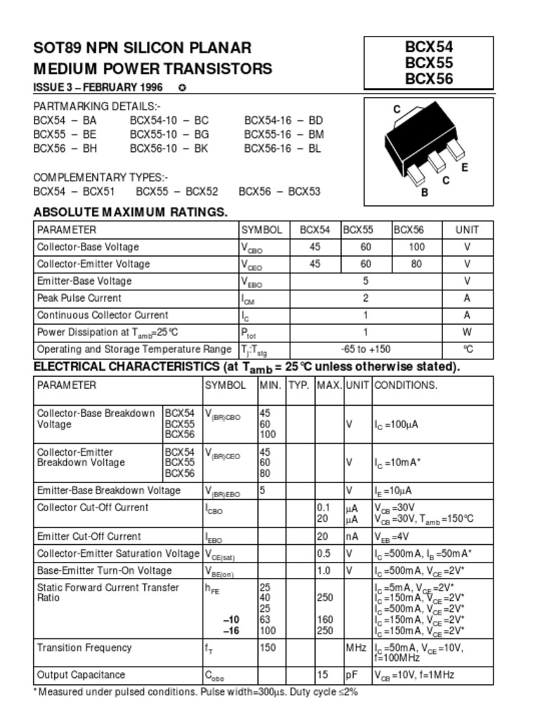 Sot89 NPN Silicon Planar Medium Power Transistors BCX54 BCX55 BCX56 ...