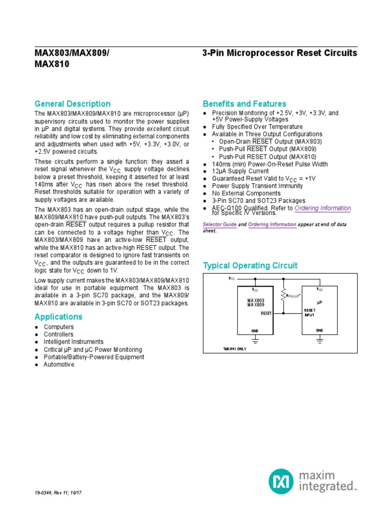 MAX803/MAX809/ MAX810 3-Pin Microprocessor Reset Circuits: General ...
