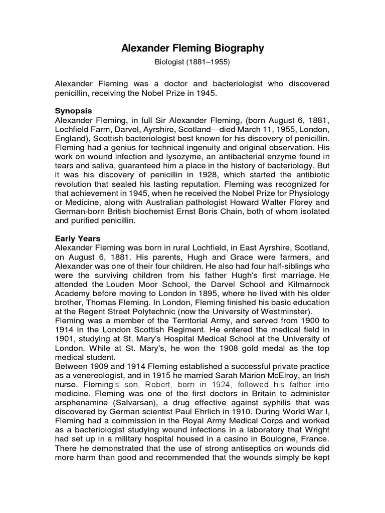 Biography of Alexander Fleming | Download Free PDF | Medical ...