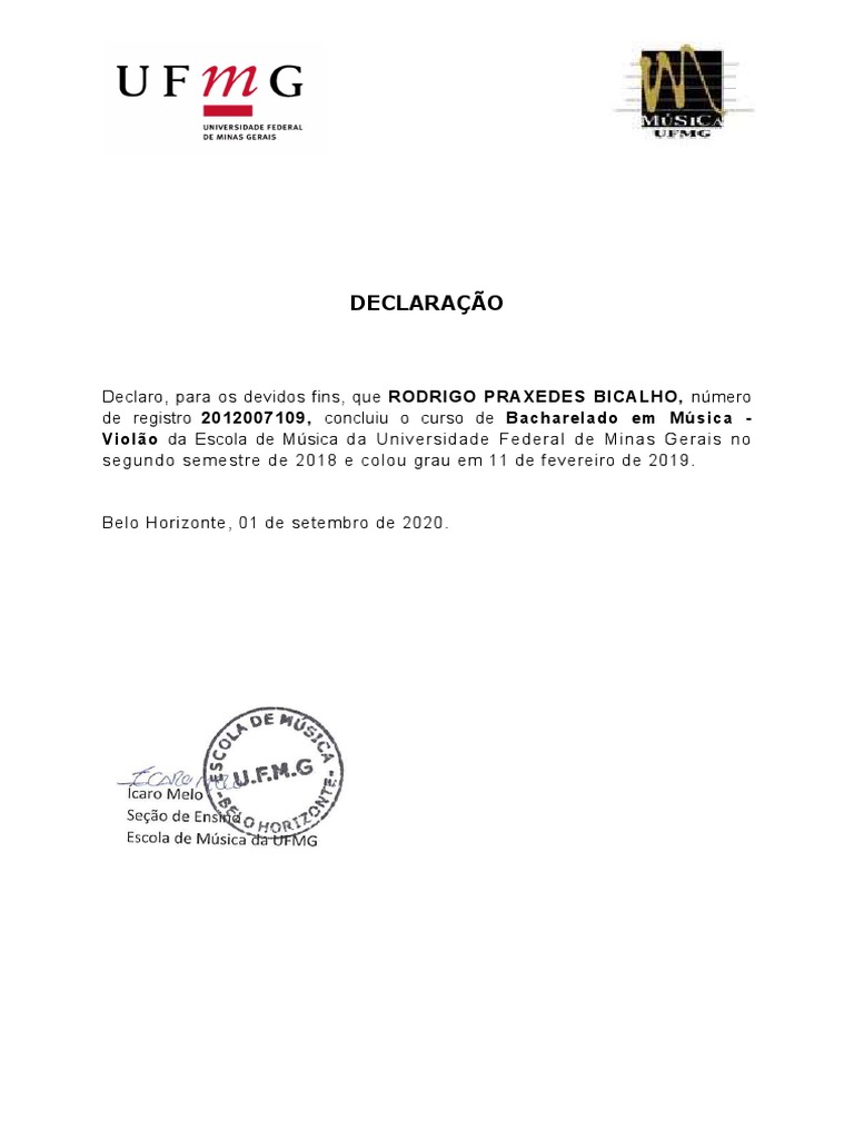 Declaração RODRIGO BICALHO PDF | PDF