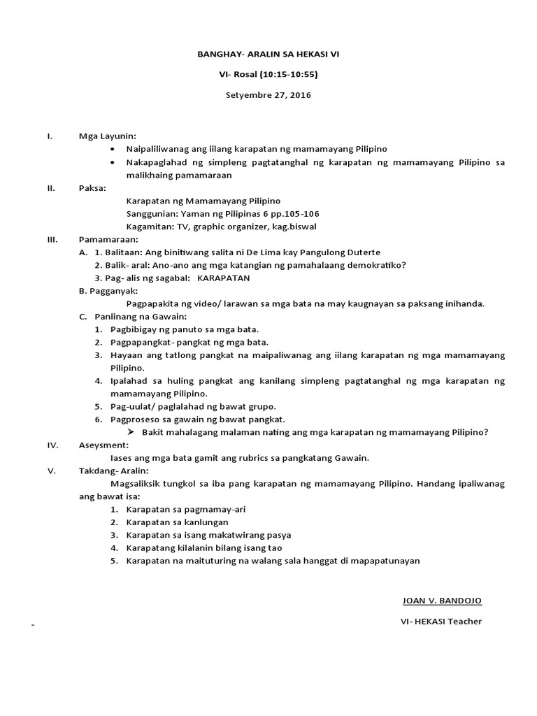 BANGHAY ARALIN (Karapatan NG Mamamayang Pilipino - 2nd Grading) | PDF