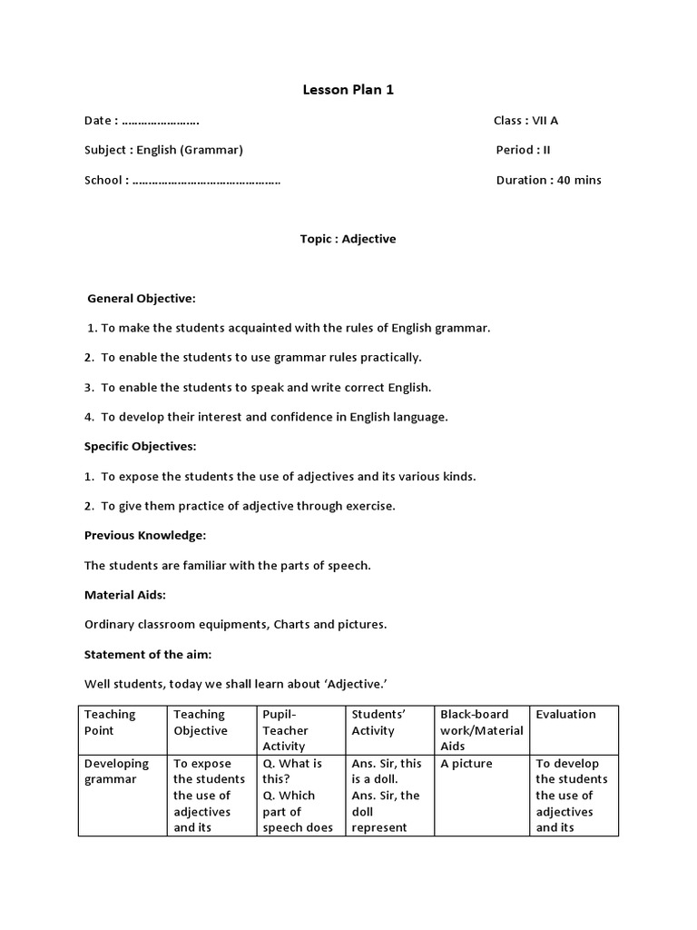 Lesson Plan 1: Topic: Adjective | PDF | Lesson Plan | Adjective