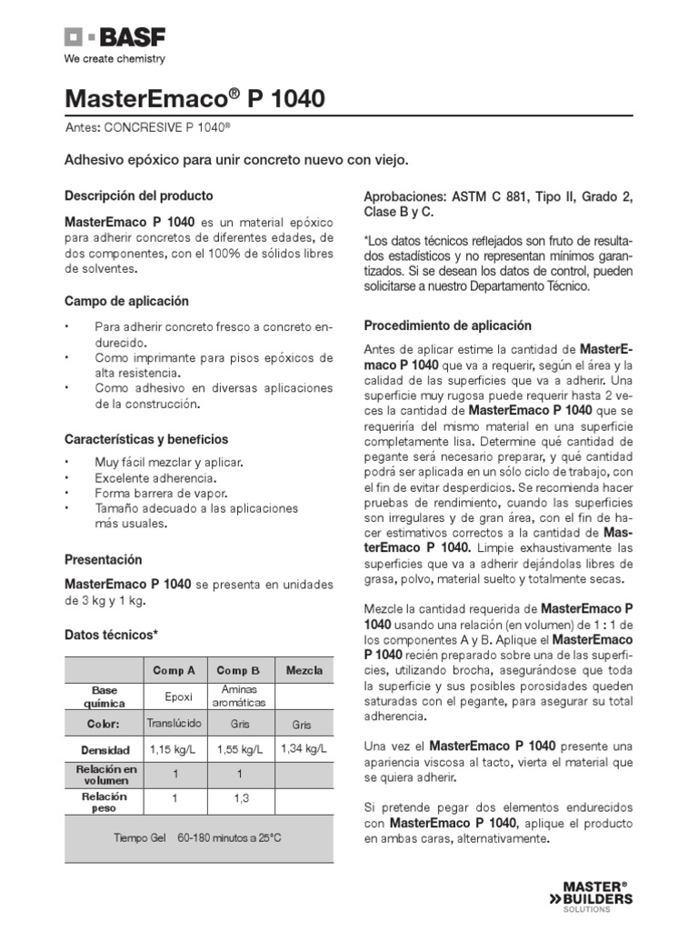Basf Masteremaco P 1040 Tds PDF | PDF | Hormigón | Química