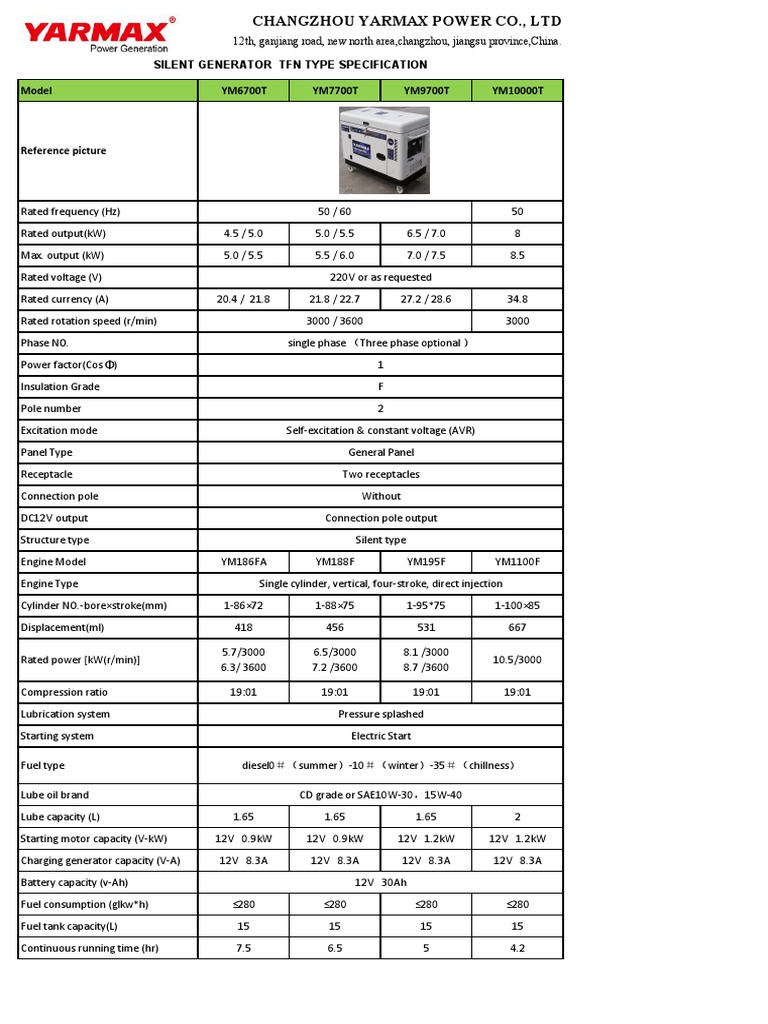Silent Generator TFN Type Specification Model YM6700T YM7700T YM9700T ...