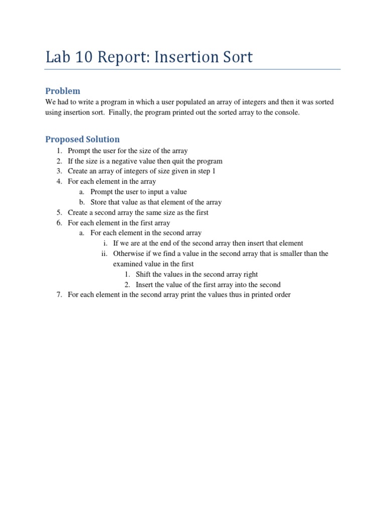 Lab 10 Report: Insertion Sort: Problem | Download Free PDF | Array Data ...