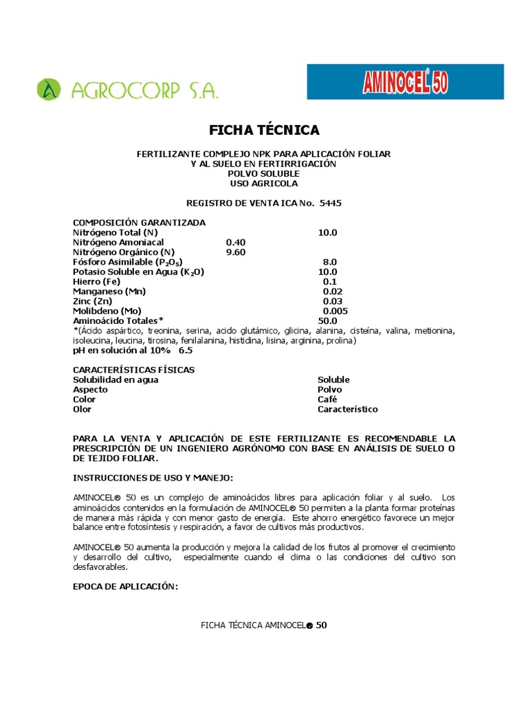 Aminocel 50 F.T | PDF | Aminoácidos | Fertilizante