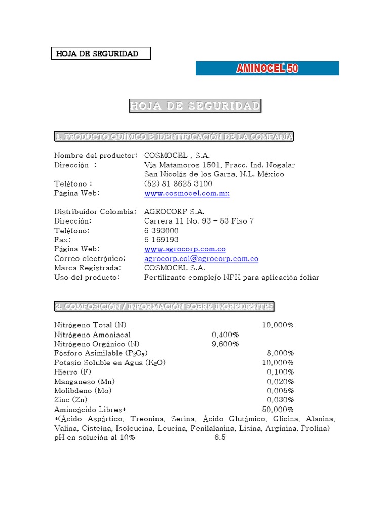 Aminocel 50 H.S | PDF | Agua | Sustancias químicas