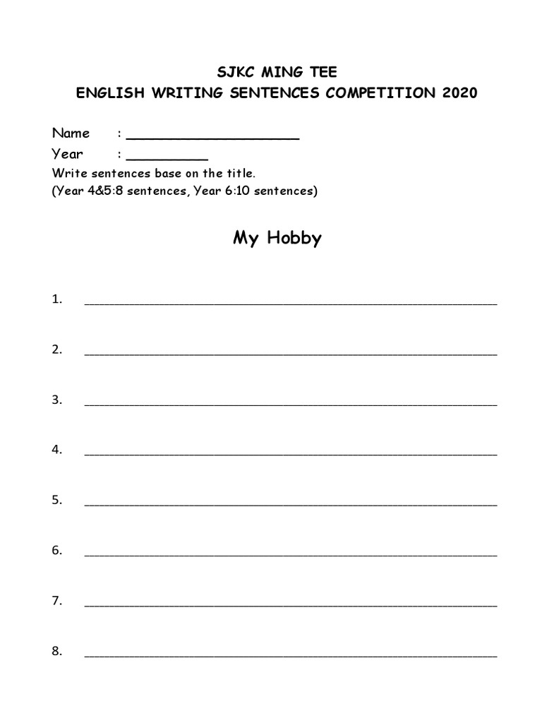 My Hobby: SJKC Ming Tee English Writing Sentences Competition 2020 | PDF