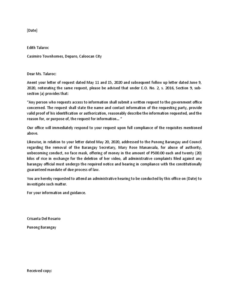 Response To Letter Request - Talaroc, Edith