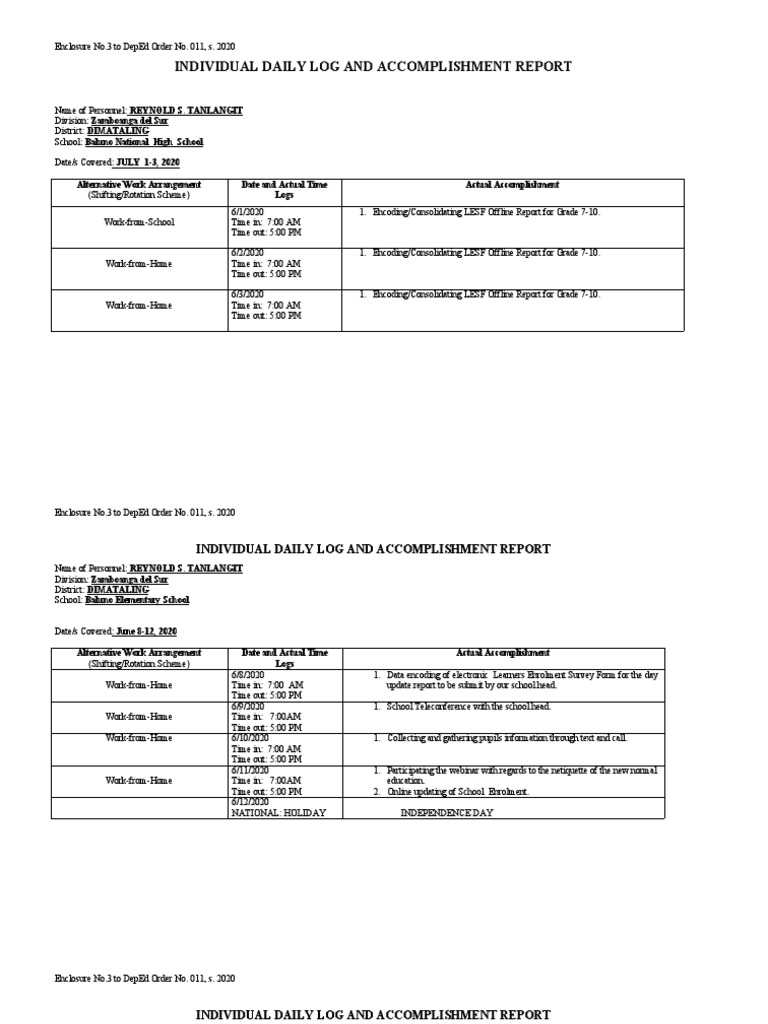 INDIVIDUAL DAILY LOG AND ACCOMPLISHMENT REPORT June | PDF ...
