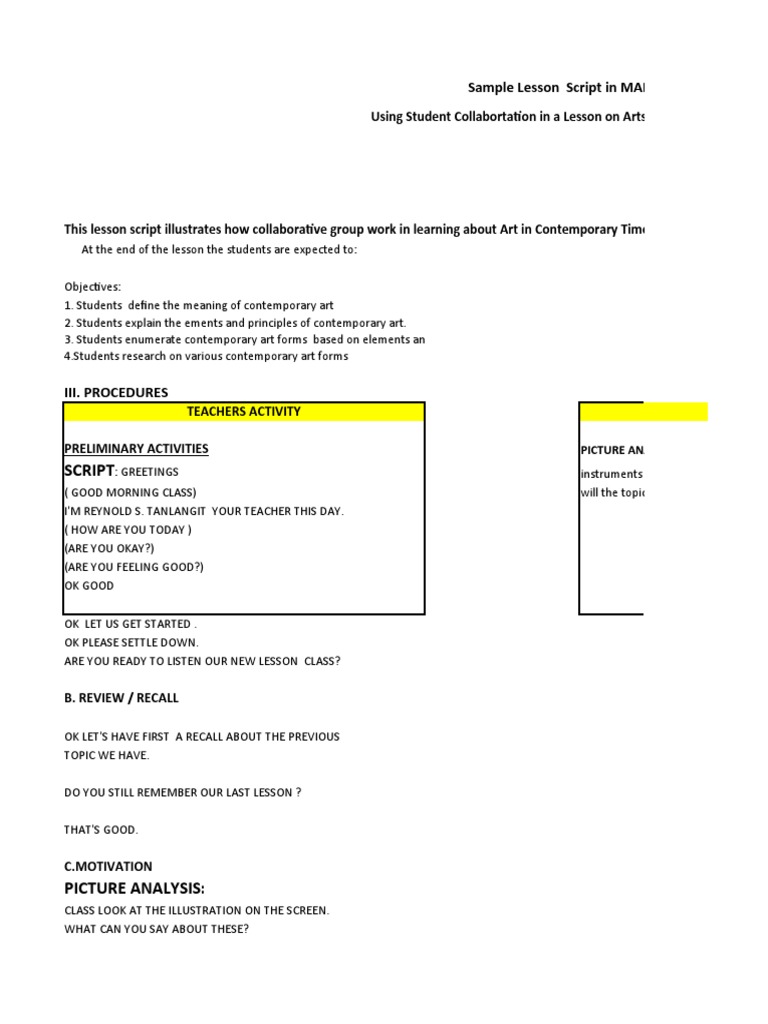 Baluno NHS-Mapeh 11 Lesson Script | PDF | Space | Learning