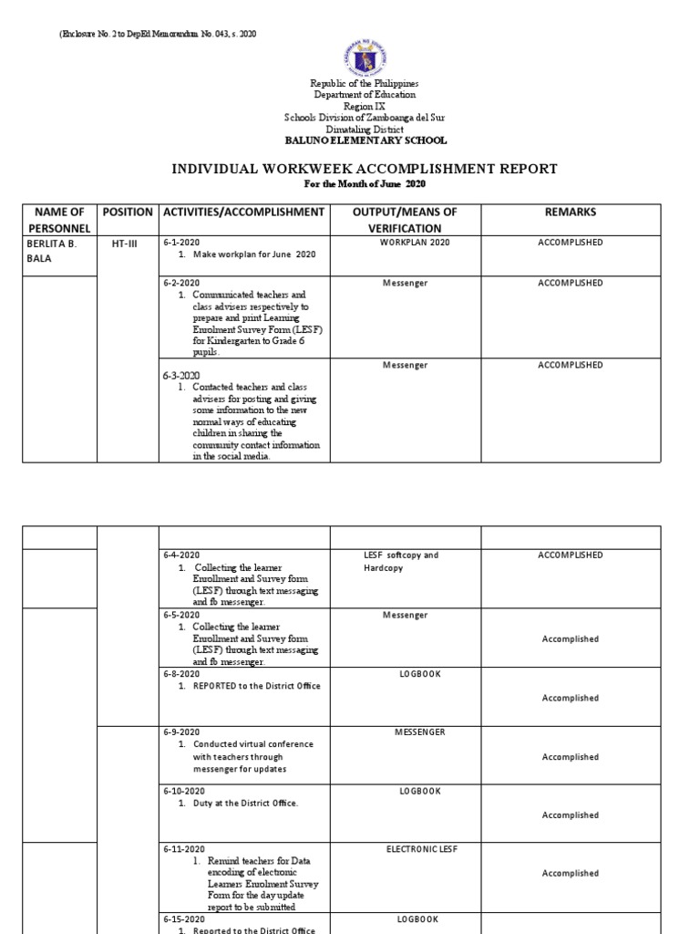 DepEd Memo No. 043 Individual Workweek Report | PDF | Behavior Modification | Cognition