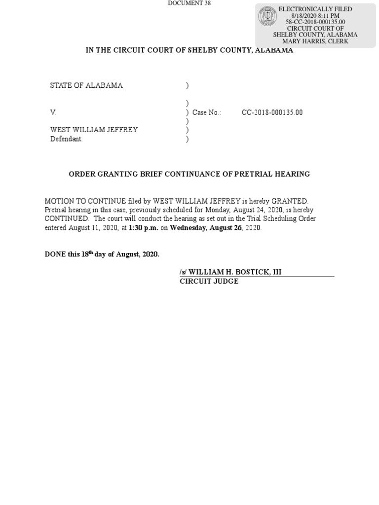 West Order Continuance Pretrial PDF | PDF