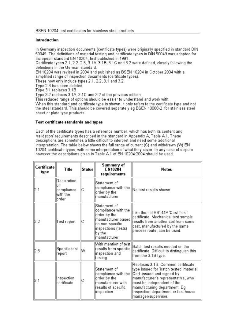 EN 10204 Certificate Types Explained | PDF