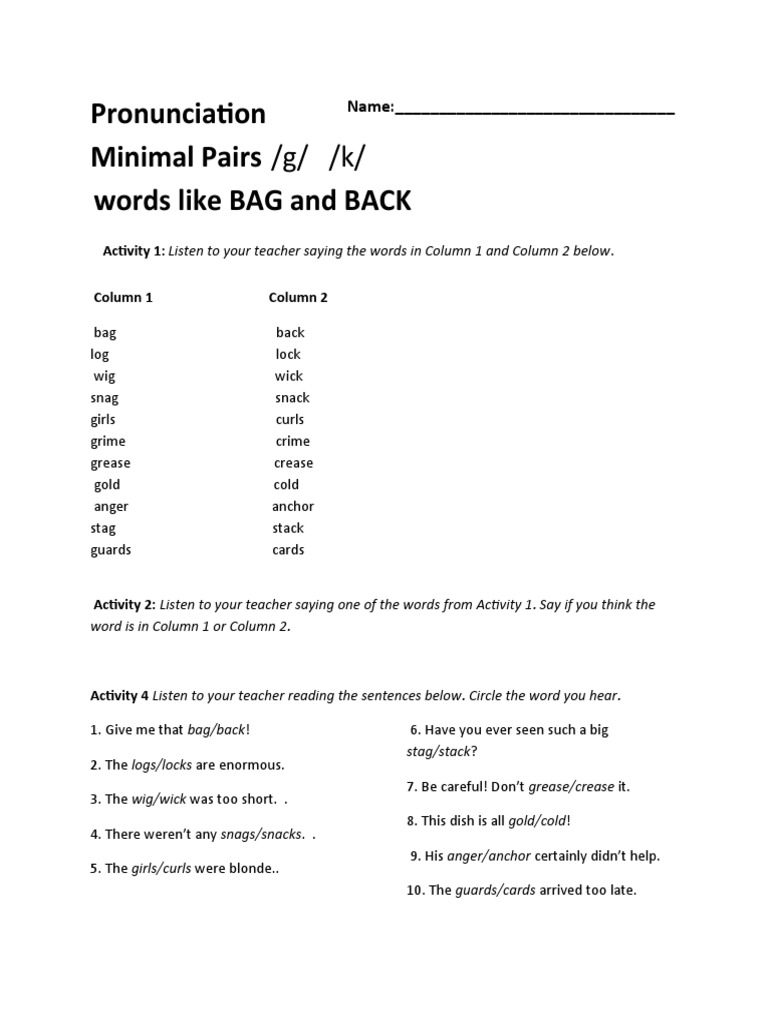 Pronunciation Minimal Pairs /G/ /K/ Words Like BAG and BACK | PDF