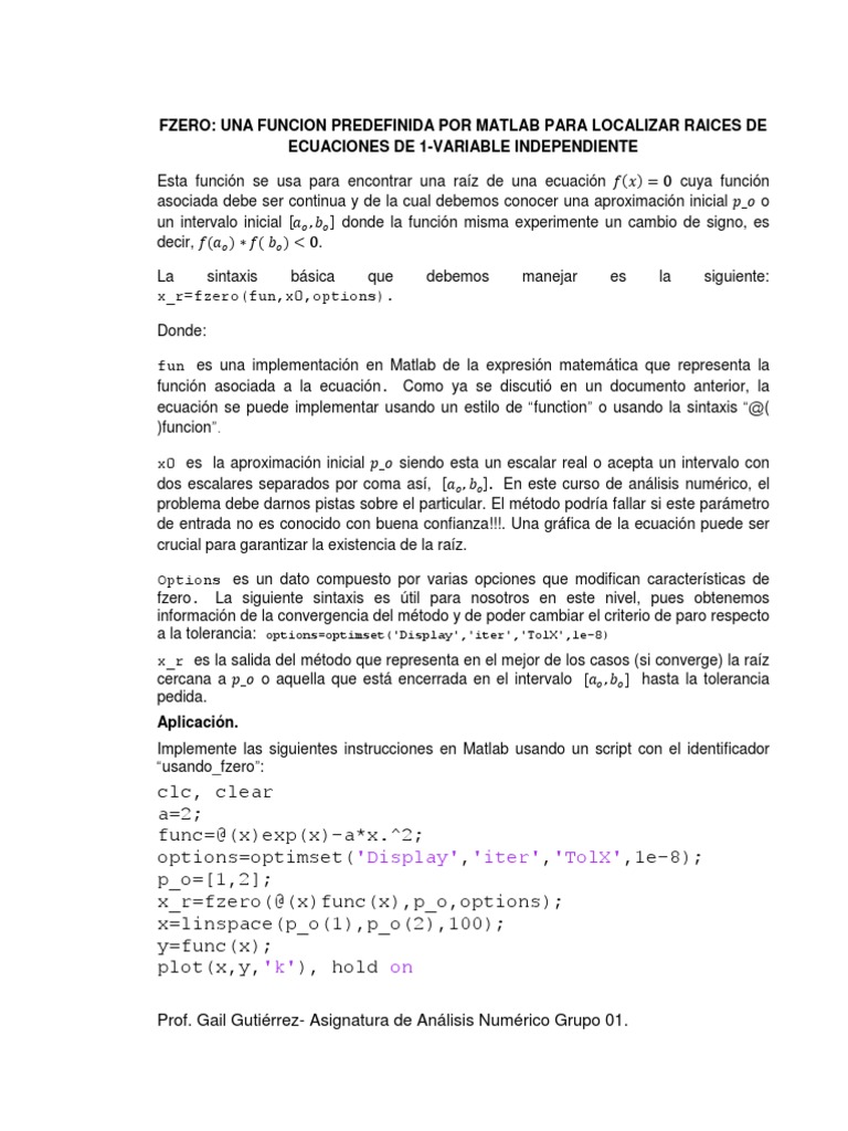 Usar Fzero de Matlab | PDF | Ecuaciones | Función (Matemáticas)