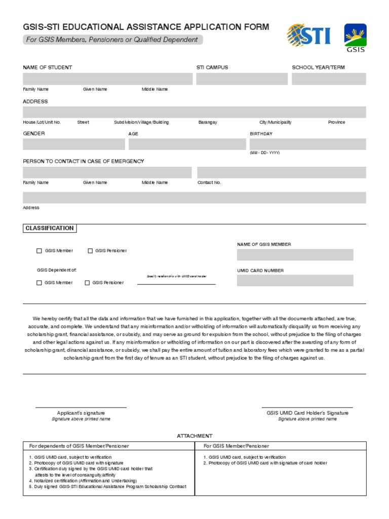 Gsis-Sti Educational Assistance Application Form: For GSIS Members ...