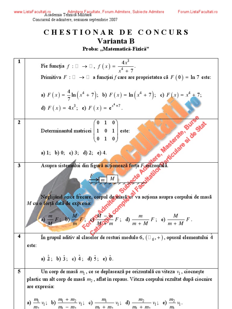 ListaFacultati - Ro Subiecte Admitere Academia Tehnica Militara Bucuresti Matematica Fizica ...