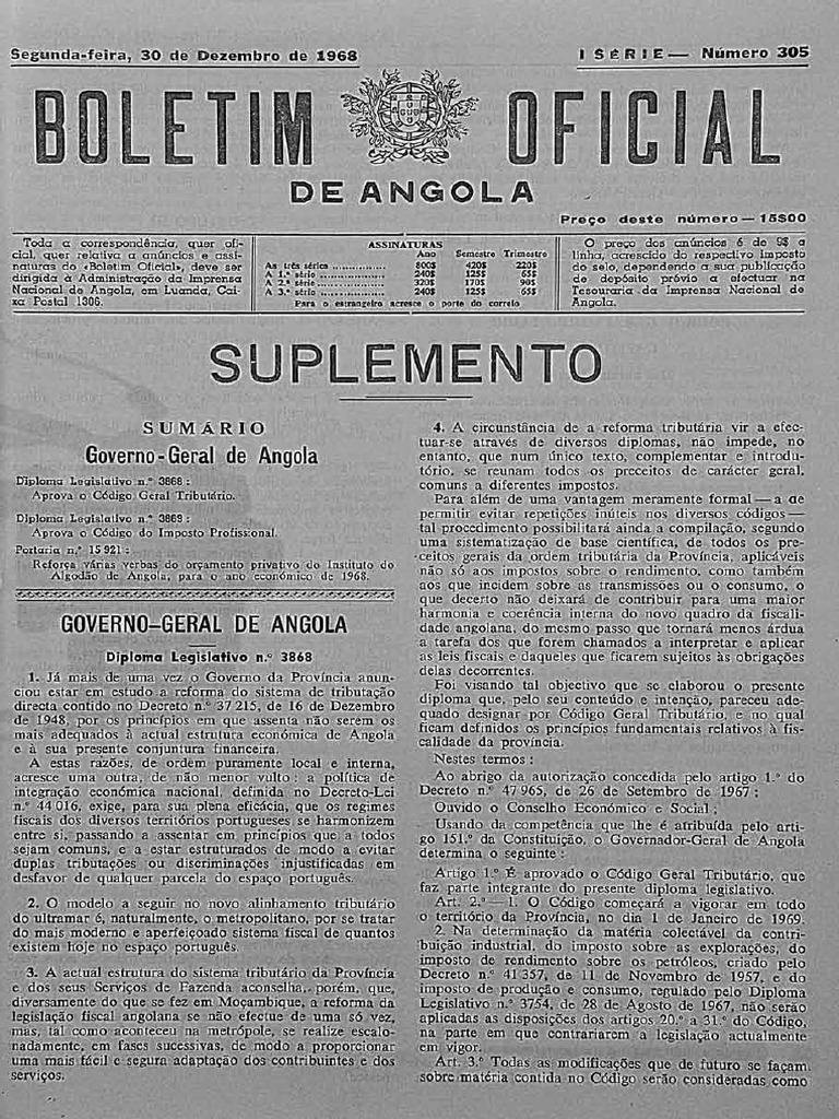 Diploma Legislativo N.º 3868 de 30 de Dezembro 1968 - Código Geral ...
