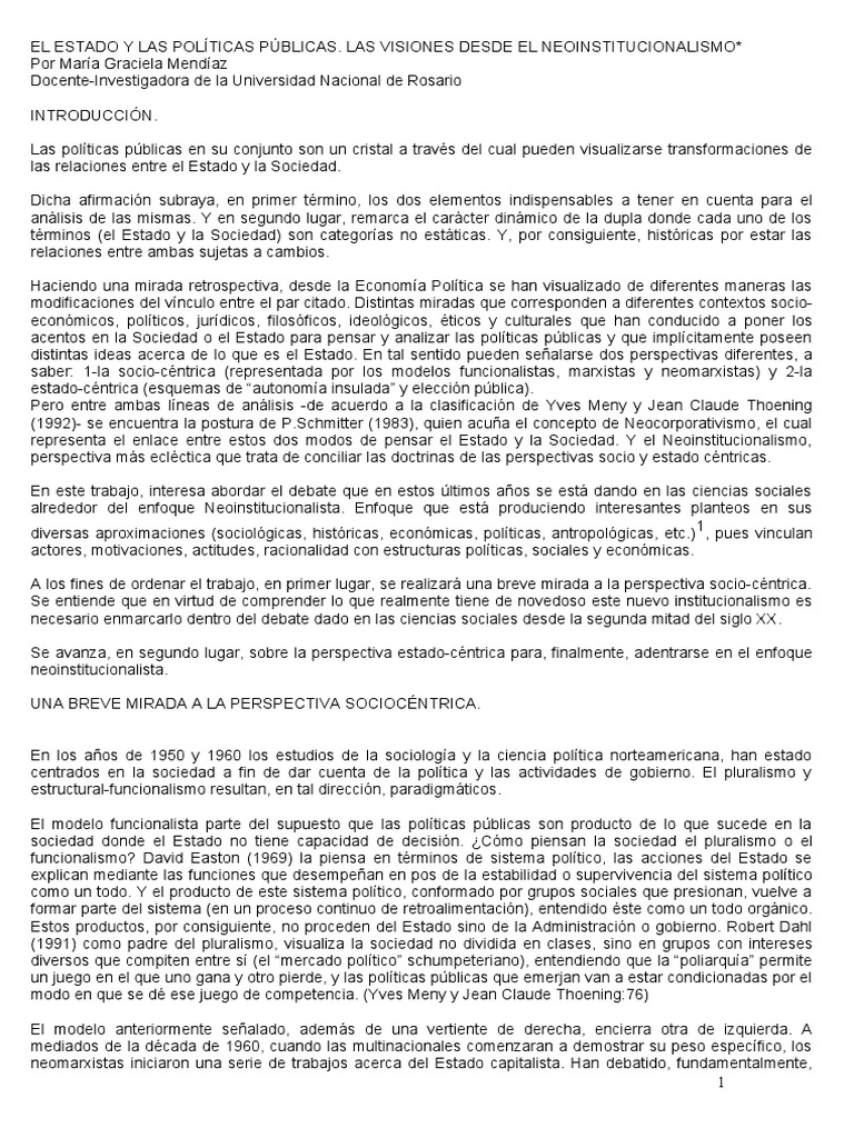 El Estado y Las Políticas Públicas. Las Visiones Desde El ...