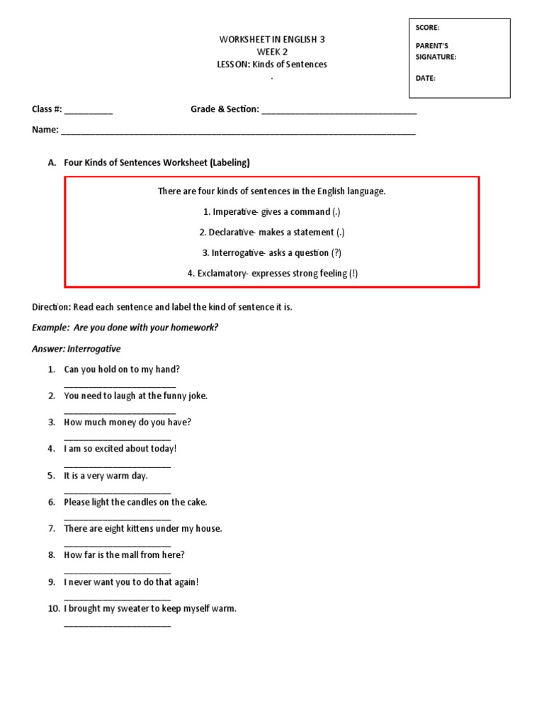 WORKSHEET IN ENGLISH 3 - WEEK 2 - Kinds of Sentences | PDF | Question ...