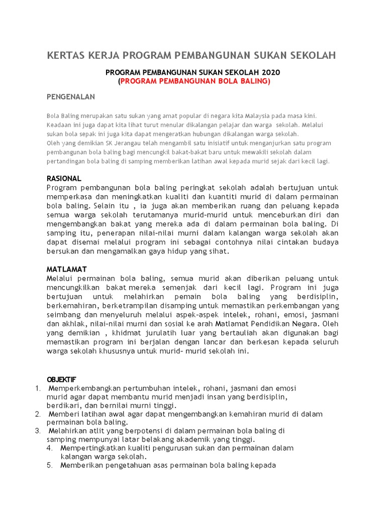 Kertas Kerja Program Pembangunan Sukan Sekolah | PDF