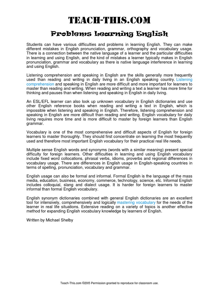 Difficulties and Problems in Learning English | Download Free PDF ...