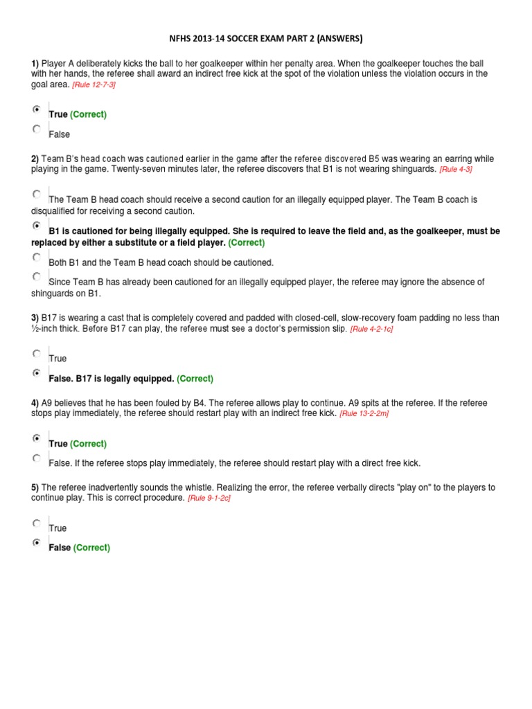 NFHS Soccer Exam 2013-14 Answers | PDF | Association Football | Referee