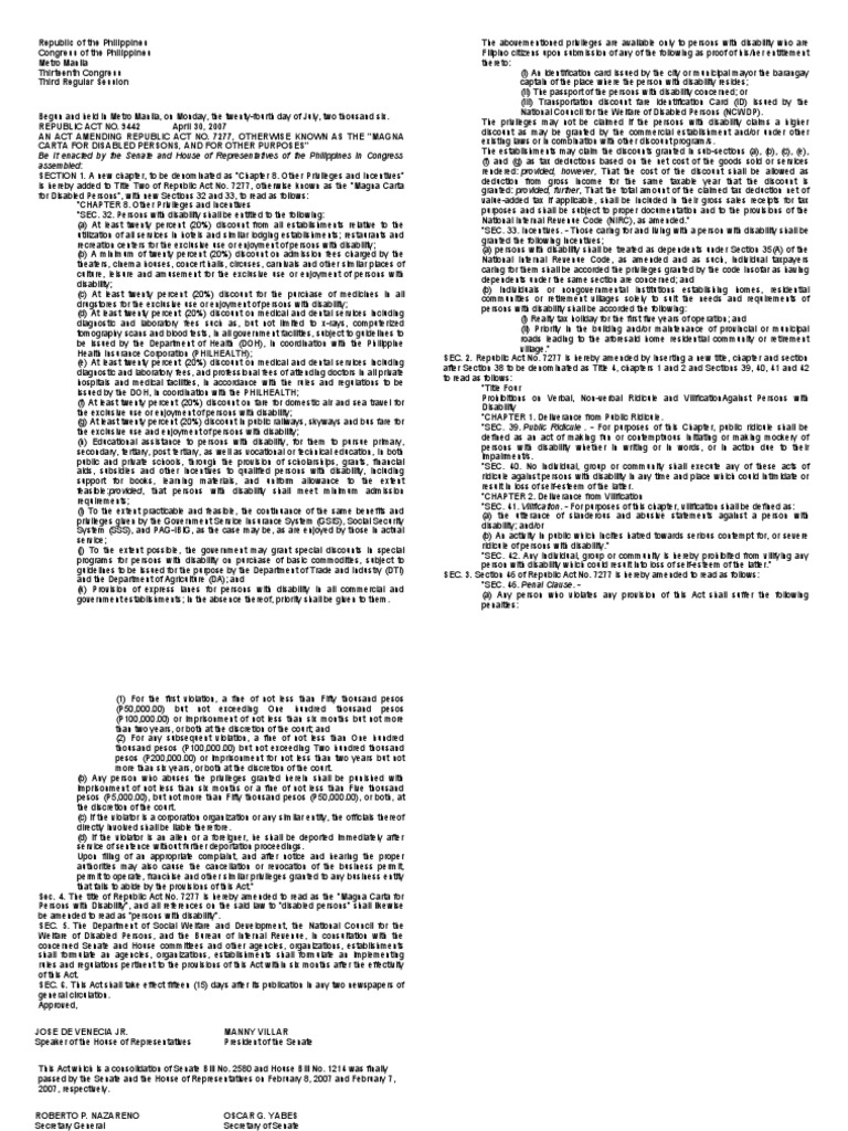 RA 9442 (Amending Magna Carta of Persons With Disability) | PDF ...