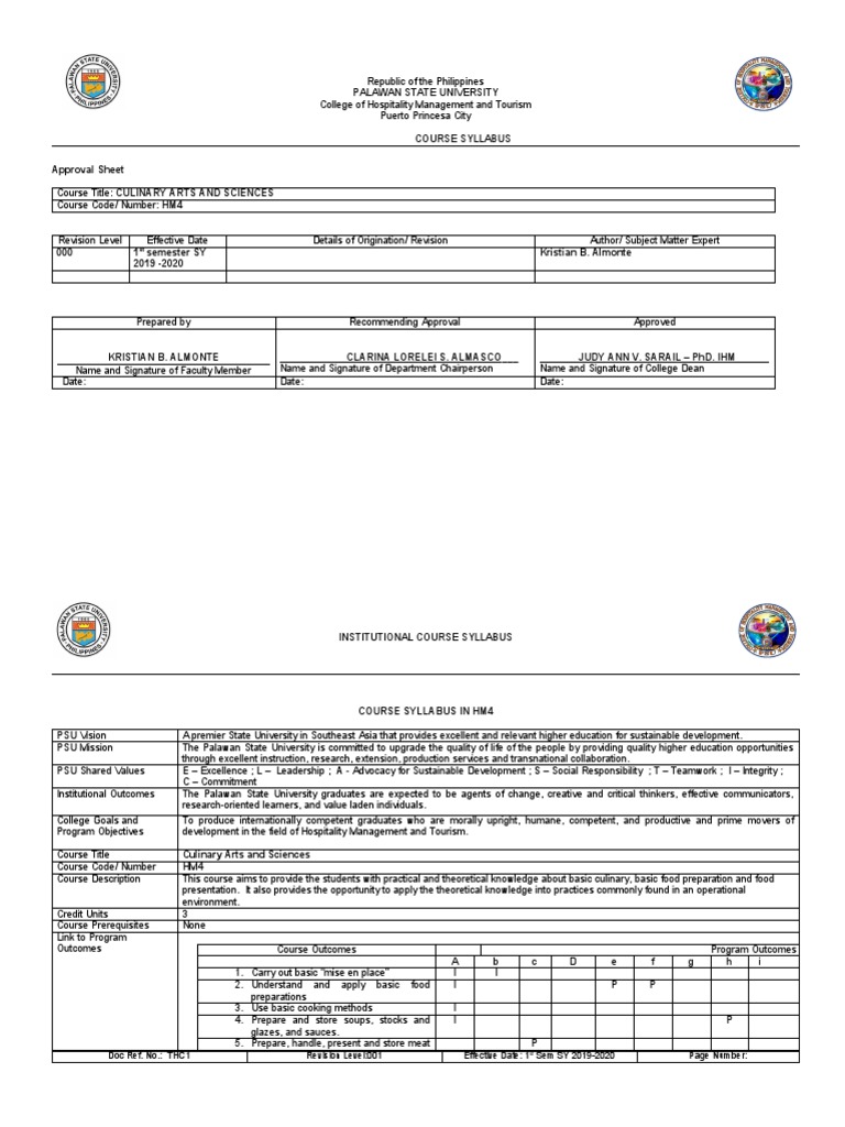 Culinary Course Syllabus | PDF | Tourism | Lecture