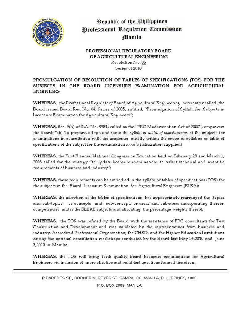 PRC Table of Specification For AE Licensure Exam | PDF | Hydrology ...