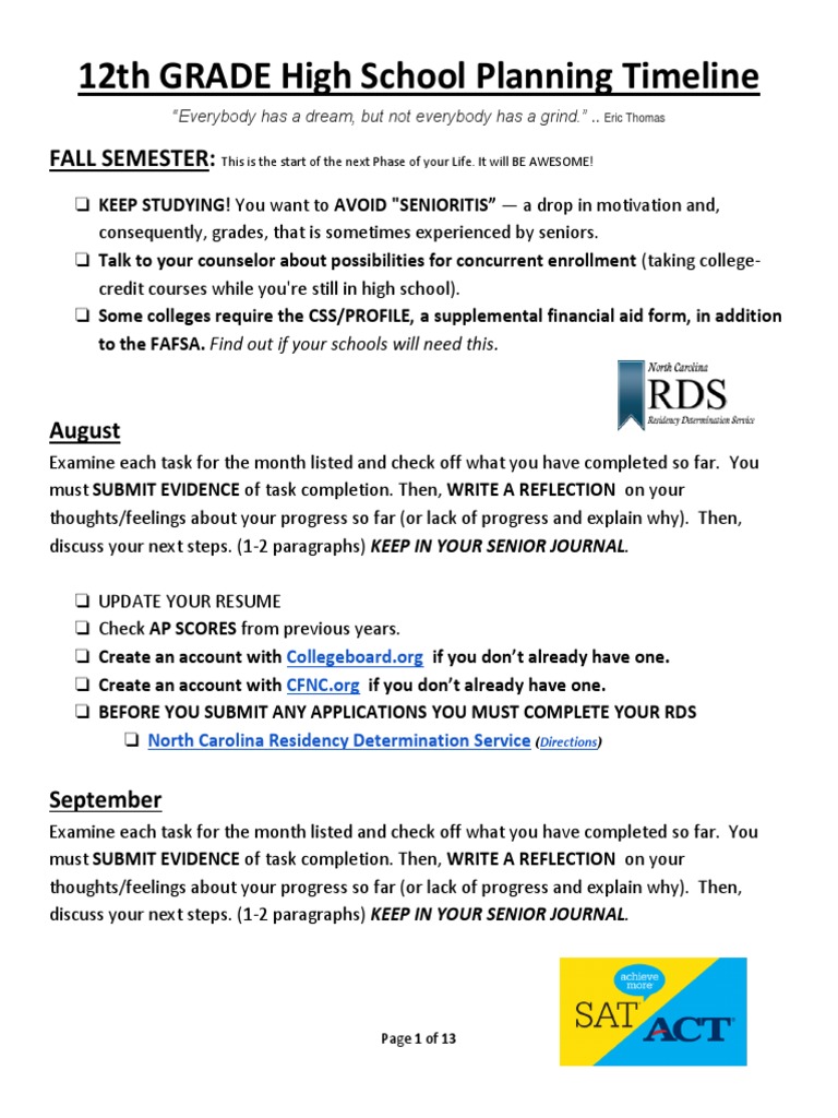 Senior Year Checklist | PDF | Sat | Act (Test)
