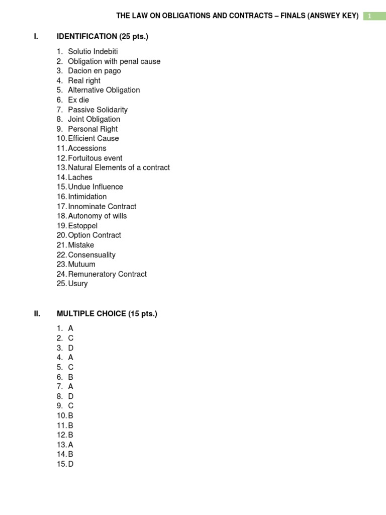 Oblicon-Finals (Answer Key) | PDF | Law Of Obligations | Legal Concepts