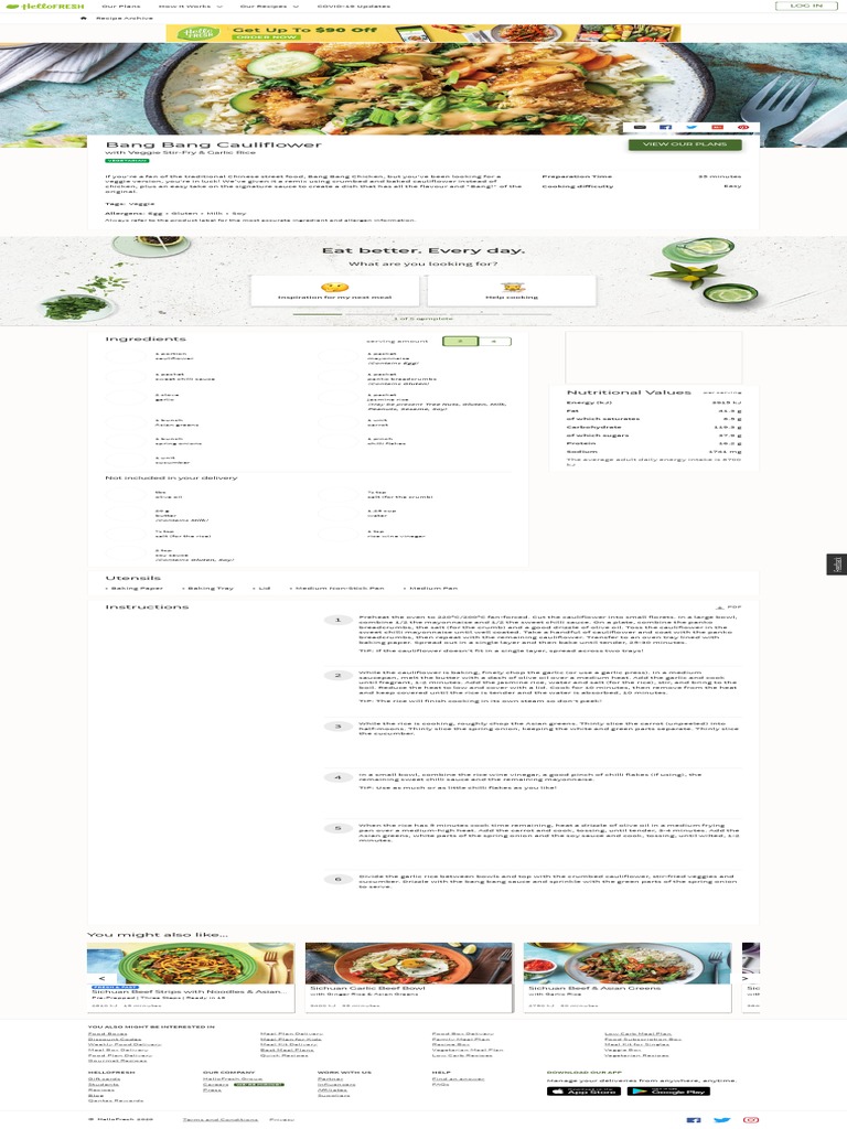 Bang Bang Cauliflower Recipe - HelloFresh PDF | Download Free PDF ...