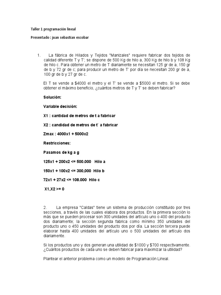 Taller 1 Programación Lineal | PDF | Microprocesador | Inventario