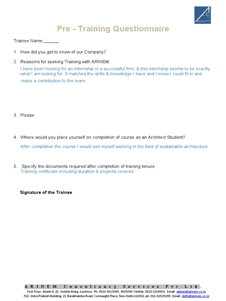 Pre Training Questionnaire | PDF