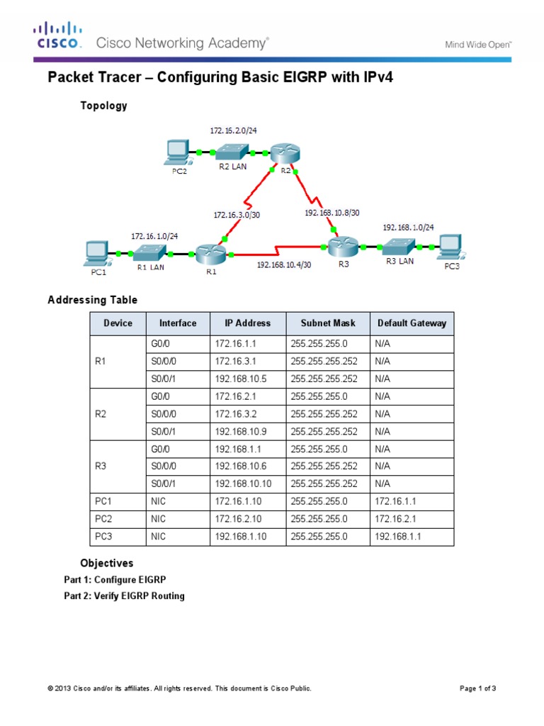 7.2.2.4 Packet Tracer - Configuring Basic EIGRP With IPv4 Instructions | PDF | Router (Computing ...