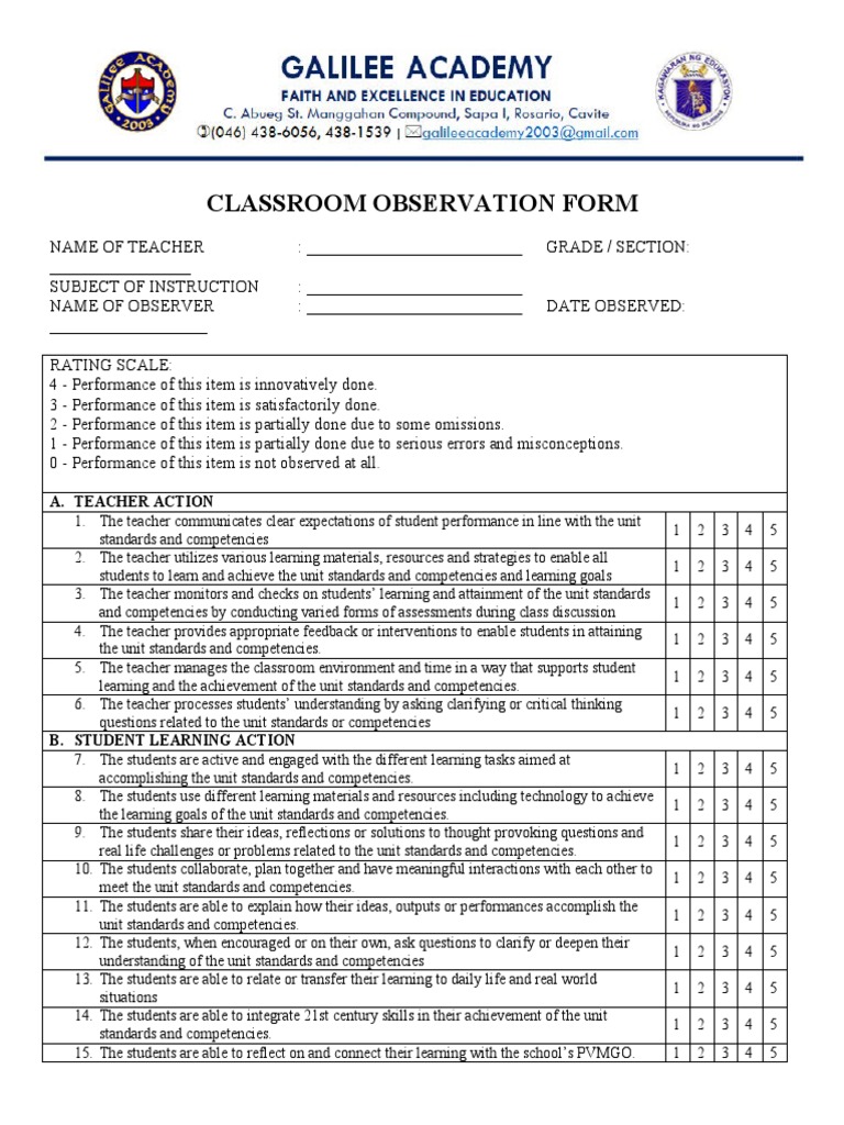 CLASSROOM OBSERVATION FORM - Peac | PDF | Classroom | Teachers
