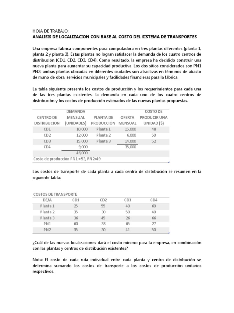 Hoja de Trabajo Transporte 1a | PDF