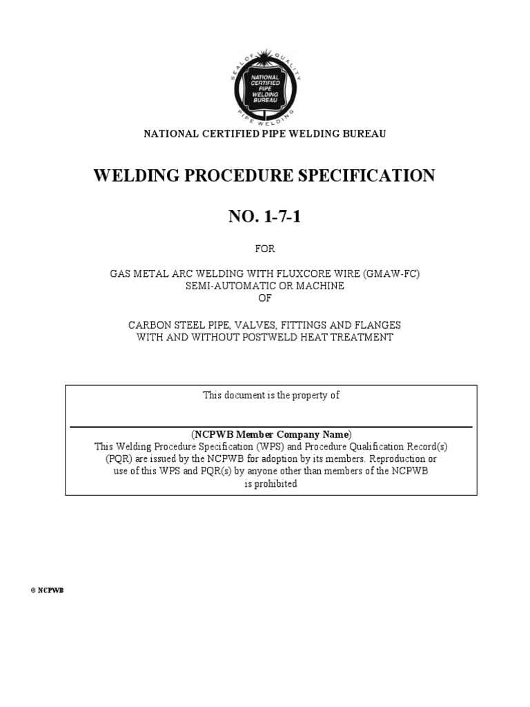 Welding Procedure Specification NO. 1-7-1: National Certified Pipe ...