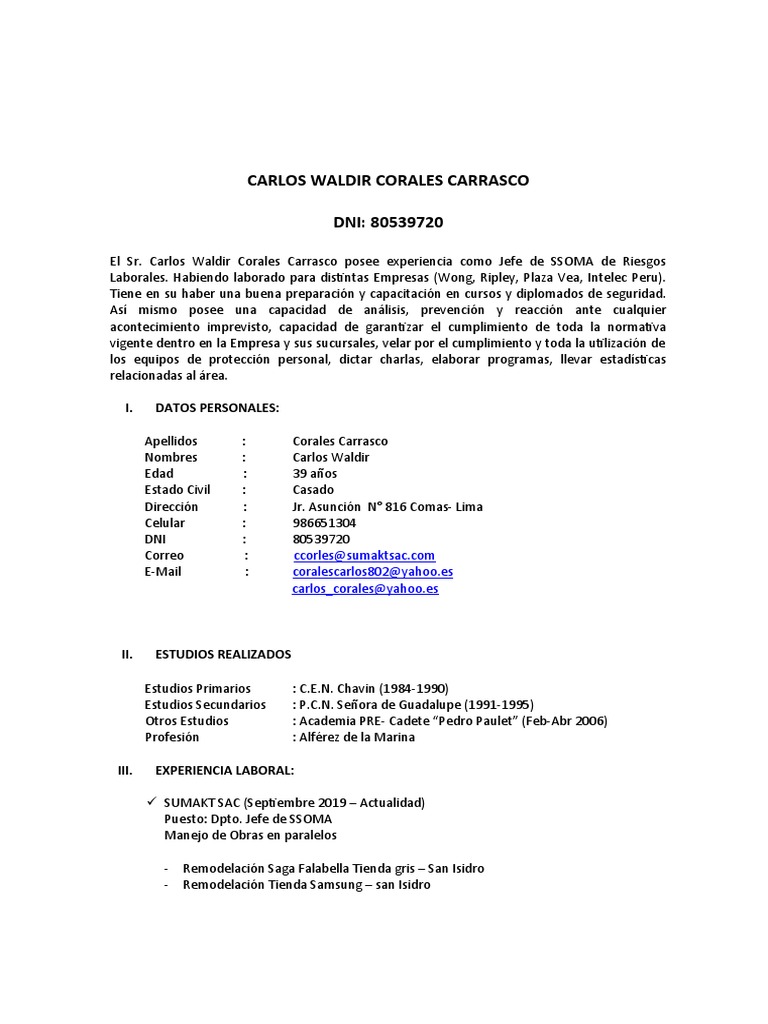 Experto en SSOMA: Carlos Corales | PDF | Empresas de servicios ...