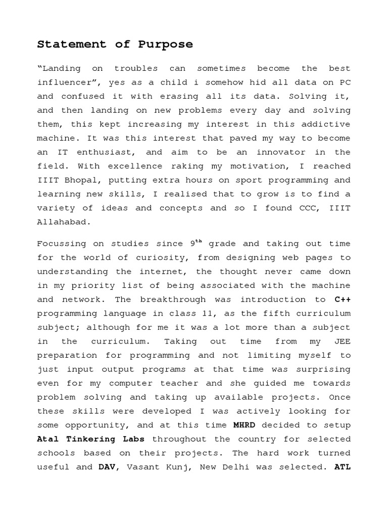 Statement of Purpose: Atal Tinkering Labs Throughout The Country For ...