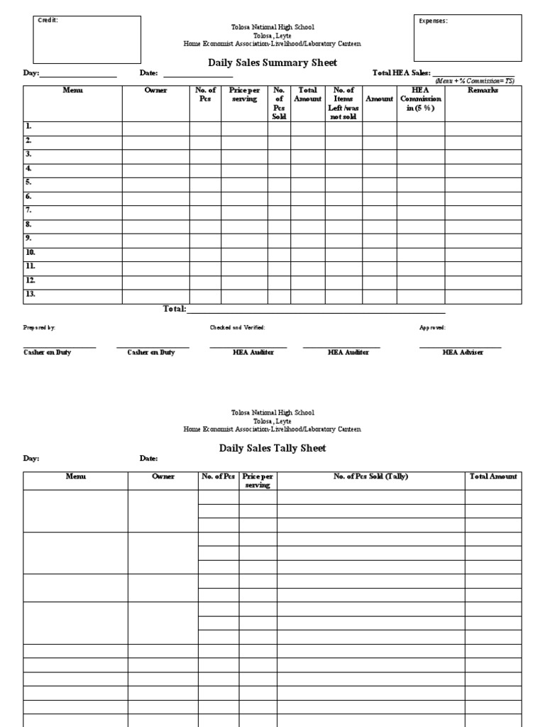 Daily Sales Tally Sheet | PDF