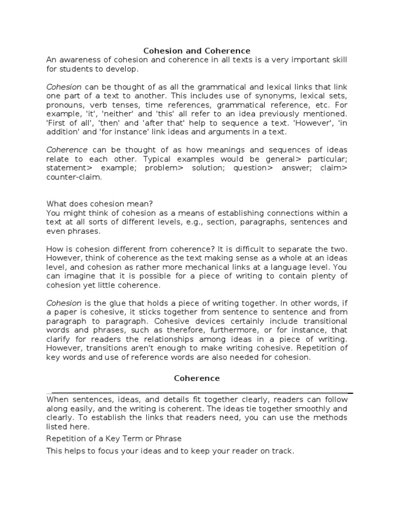 Cohesion And Coherence Coherence And Cohesion | PDF