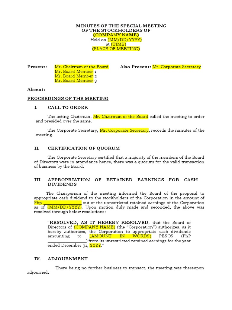 Board Resolution - Format - Appropriation of Cash Dividends | PDF